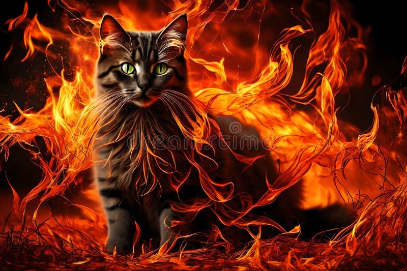 3d Render of a Cat Engulfed in Flames, Isolated Against a Solid Color ...