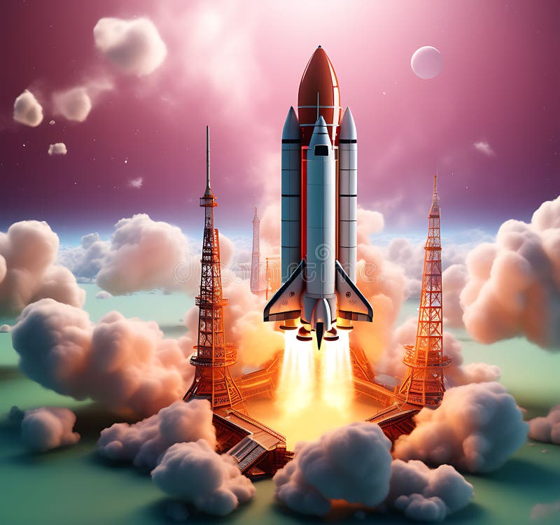 Interstellar Ascent: 3D Render of a Space Rocket Launch Against a Solid ...