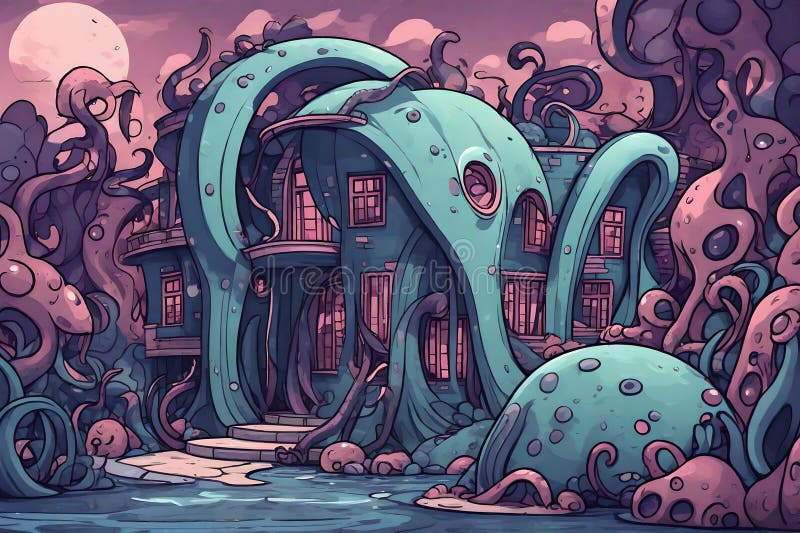 Tentacle Art House: a Surreal and Scary 3D Rendered Illustration of an Octopus-Infested Abode ...