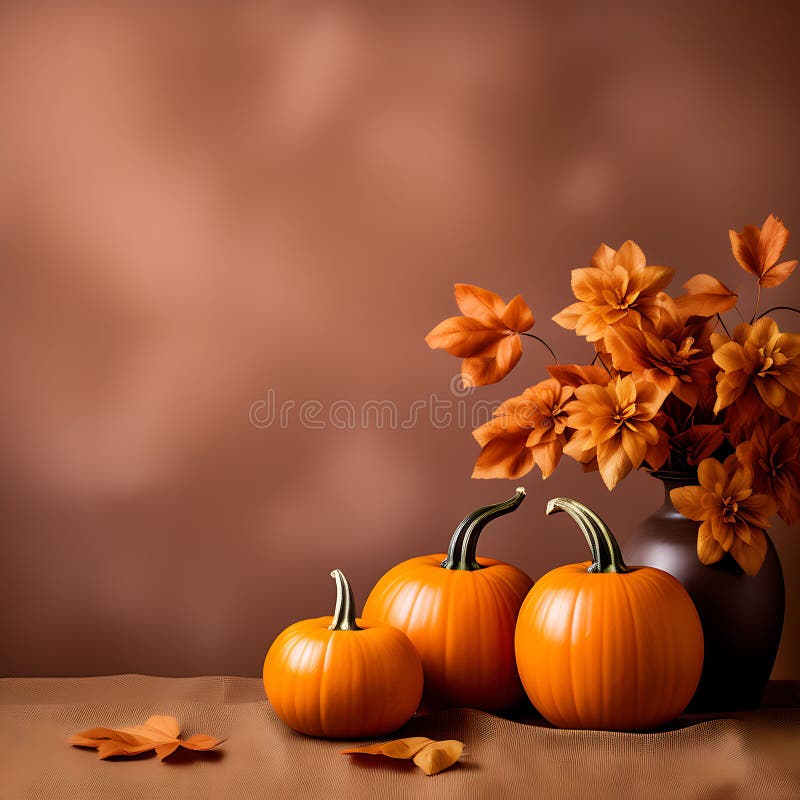 Autumn Trio: Three Pumpkins on a Warm Brown-Colored Background â ...