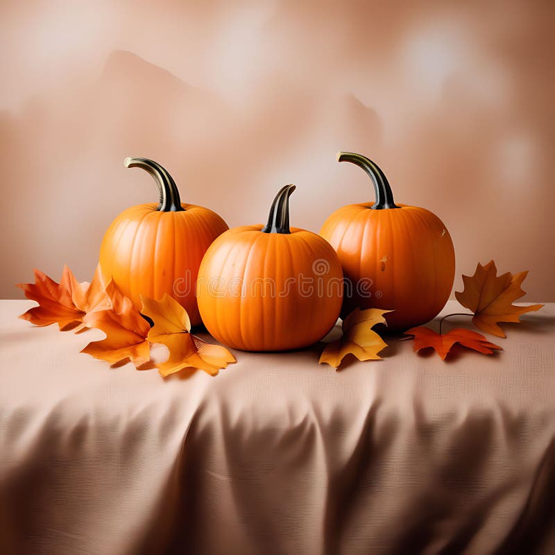 Autumn Trio: Three Pumpkins on a Warm Brown-Colored Background â ...