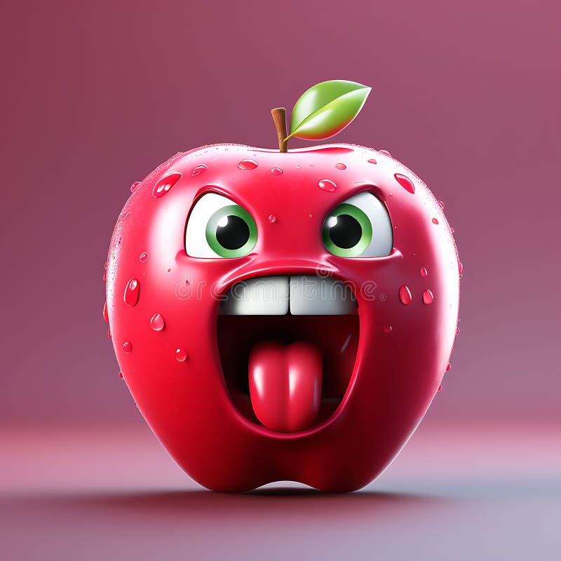 Cute Upset Apple Against Solid Background: 3D Rendering Expressing ...