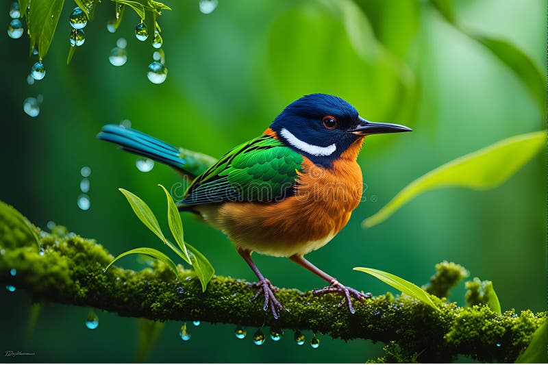 Pitta Bird Perched on a Damp Rainforest Branch, Feathers Gleaming with ...