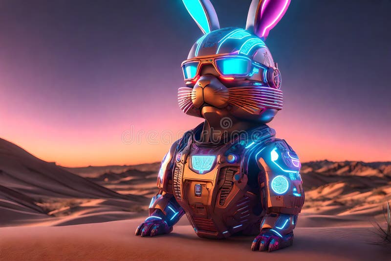 Desert Mirage: Neon Cyber-Tech Easter Bunny in Metallic 3D Rendered ...