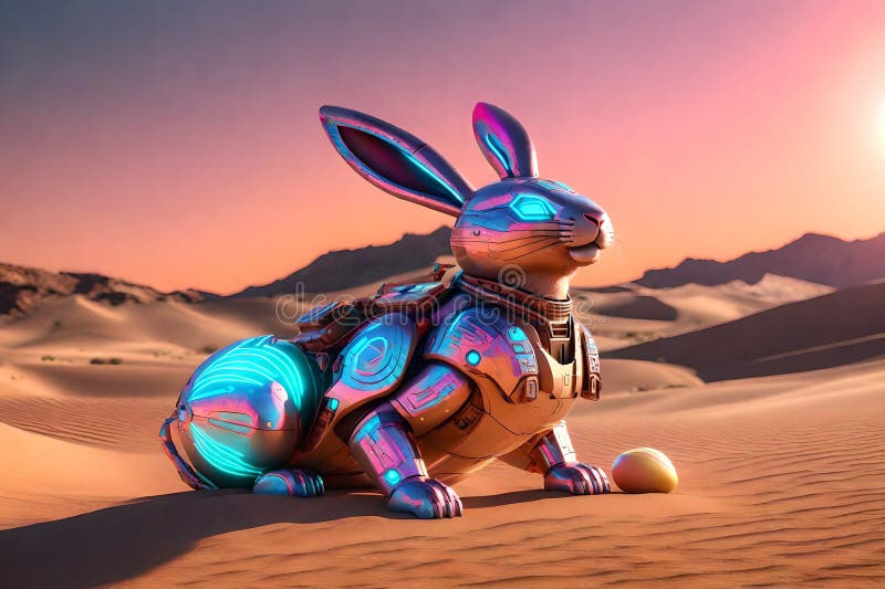 Desert Mirage: Neon Cyber-Tech Easter Bunny in Metallic 3D Rendered ...