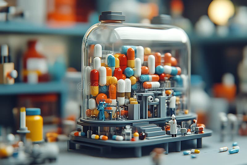A Giant Transparent Capsule with Tiny Doctor Figures at Work Stock ...