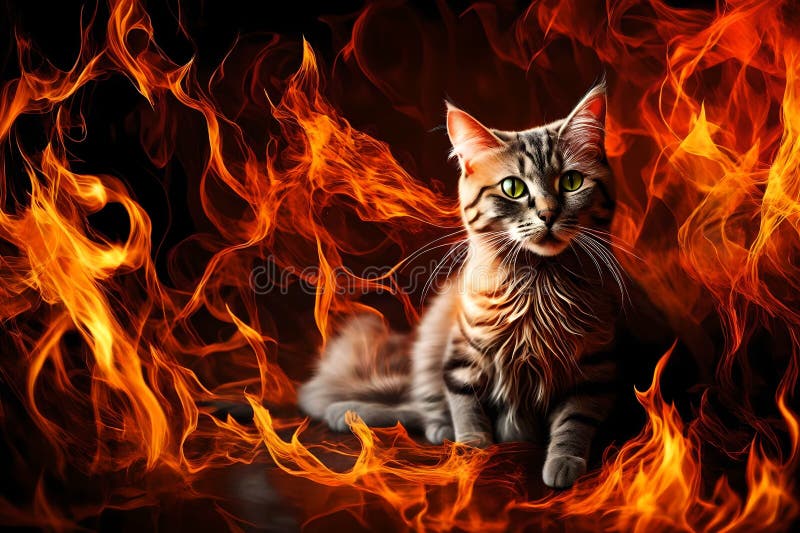3d Render of a Cat Engulfed in Flames, Isolated Against a Solid Color ...