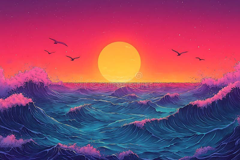 Abstract Art Illustration of Neon Waves, Sunshine, Bird Silhouettes ...