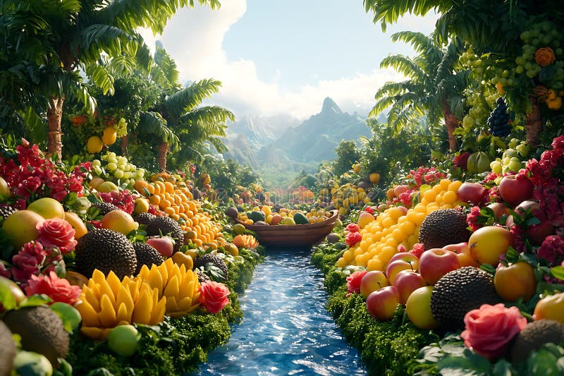 A Magical Heaven Abundant with All Kinds of Fruits in a Lush Greenery ...