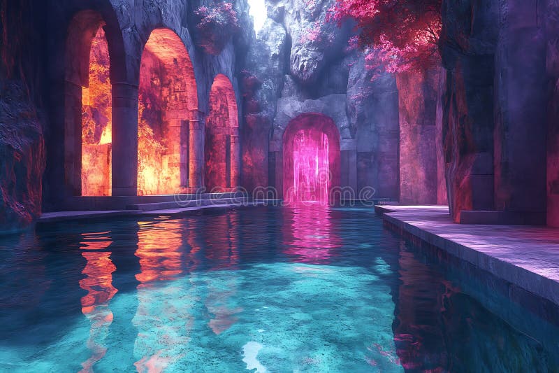 Psychedelic Dream Factory with Neon Glowing Water and Cyberpunk Palace ...