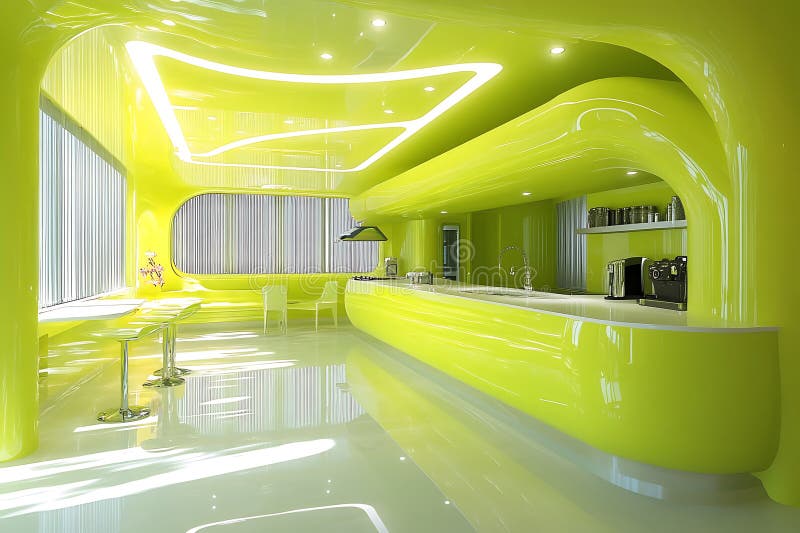 Vibrant Parrot-colored Futuristic Kitchen in a Spacious Giant House ...