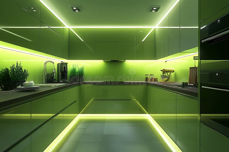 Vibrant Parrot-colored Futuristic Kitchen in a Spacious Giant House ...