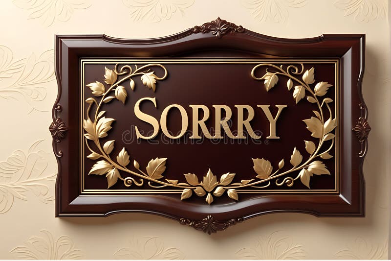 Golden "Sorry" Sign: Embossed on Deep Mahogany Placard with Ornate ...