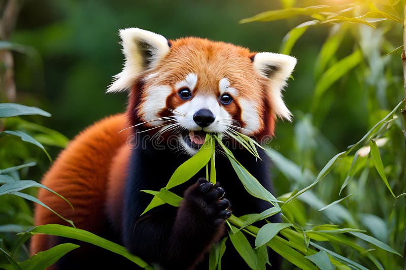 Mid-Yawn Marvel: Red Panda Perched on Sturdy Tree Branch Stock ...