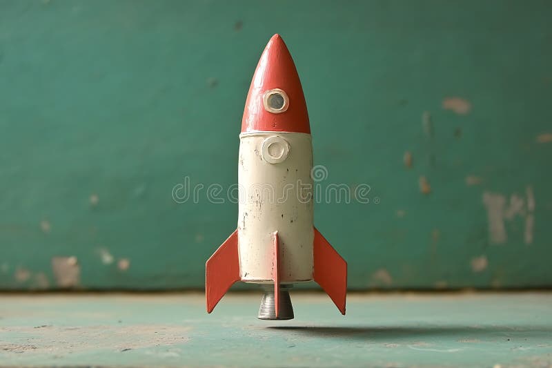Vintage Red and White Toy Rocket on Green Background Stock Illustration ...