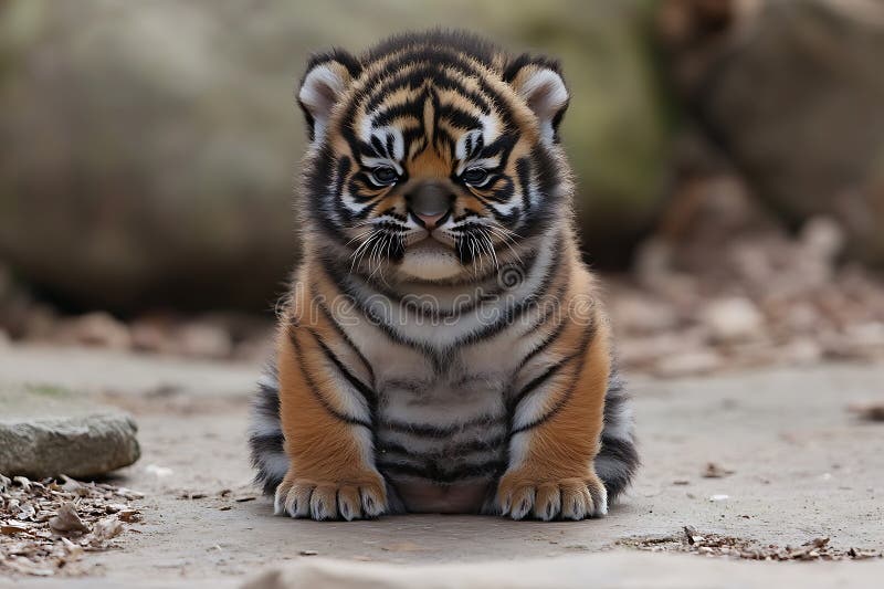 Portrait of a Cute Chubby Fluffy Baby Tiger Sitting Stock Illustration ...