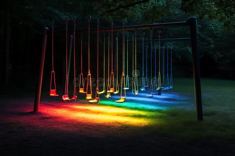 Swings with Vibrant Lightning of Different Colors in the Park Stock ...
