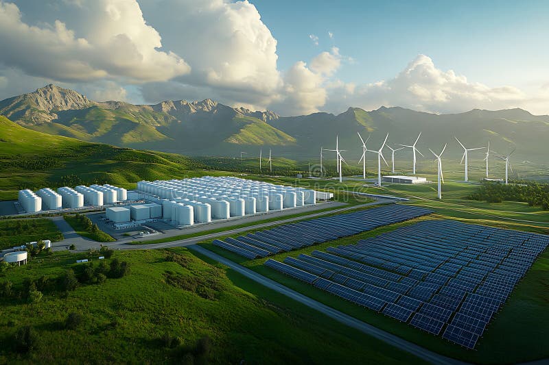 Large Array of Solar Panels, Wind Turbines, and Hydro Power Plant Stock ...