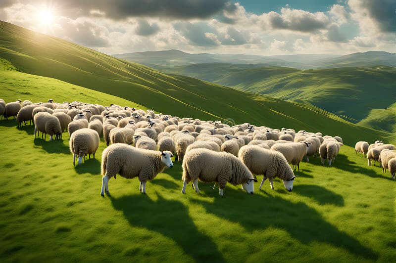 Idyllic Pasture: Sheep Grazing on Lush Green Hillside Stock ...