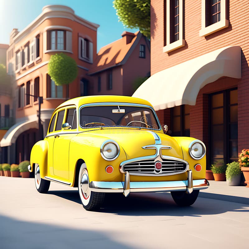 Sunny Ride: Retro Vintage Yellow Car â€“ 3D Illustration in Cute ...