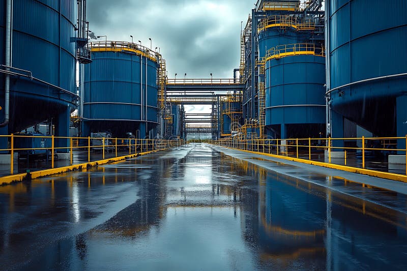 Industrial Complex Pathway Reflecting Rain Stock Illustration ...