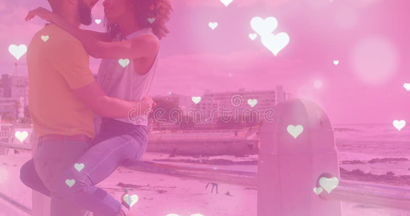 Image of Heart Icons Over Biracial Couple at Beach Stock Illustration ...