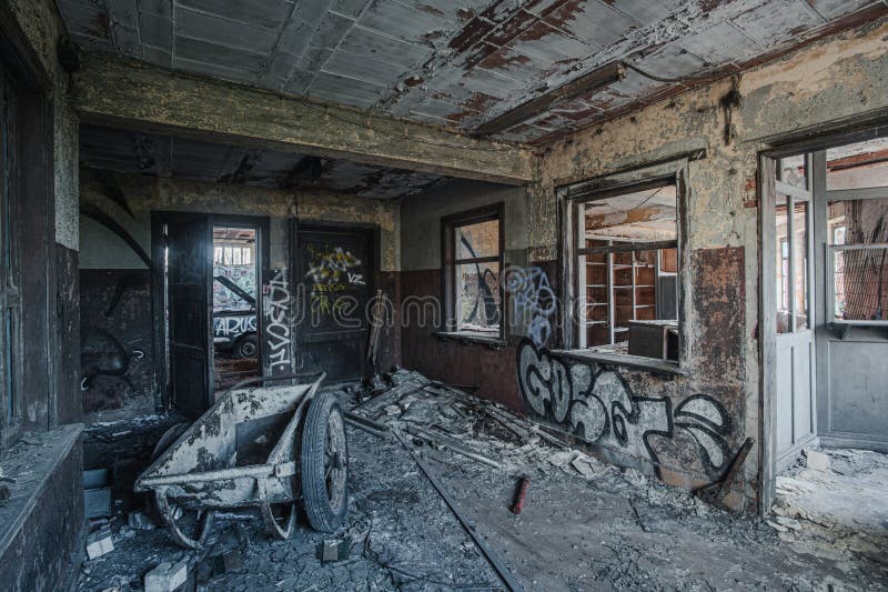 Abandoned Burnt-Out Office Room with Debris and Graffiti Stock Image ...