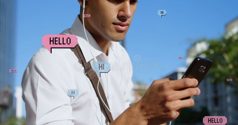 Image of Hello and Hi Over Midsection of Biracial Man Using Smartphone ...