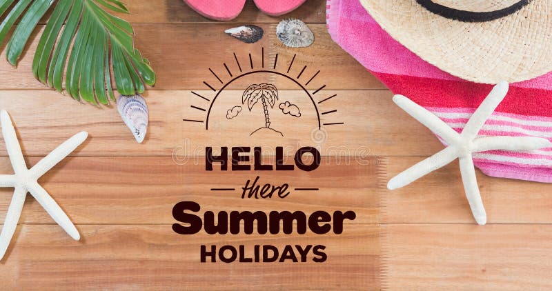Image of Hello There Summer Holidays Text Over Wooden Table with Shells ...