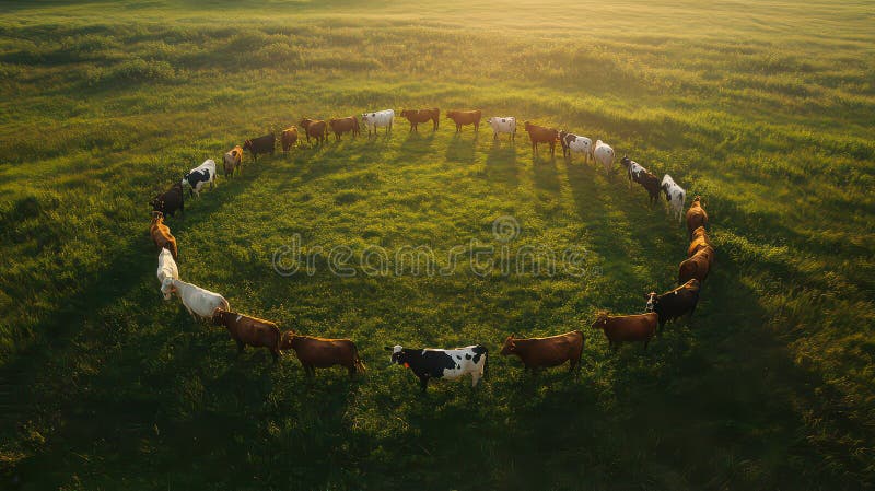 Image of a Herd of Cows Walking in a Grass Field in a Circle Pattern ...