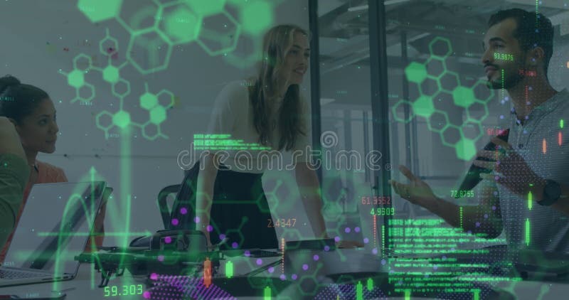 Image of Hexagon Patterns, Graphs, Map, Computer Language, Diverse Coworkers Discussing Reports ...