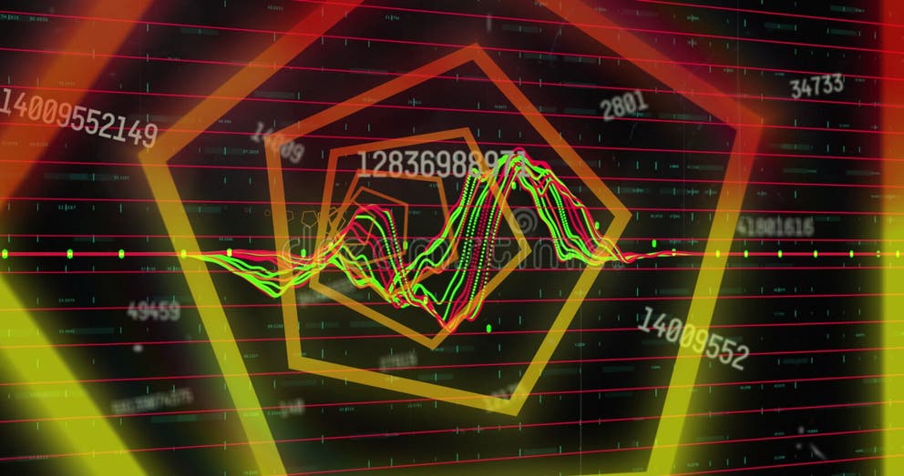 Image of Hexagonal Neon Tunnel in Seamless Pattern Against Changing Numbers and Data Processing ...