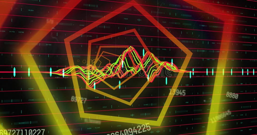 Image of Hexagonal Neon Tunnel in Seamless Pattern Against Changing Numbers and Data Processing ...