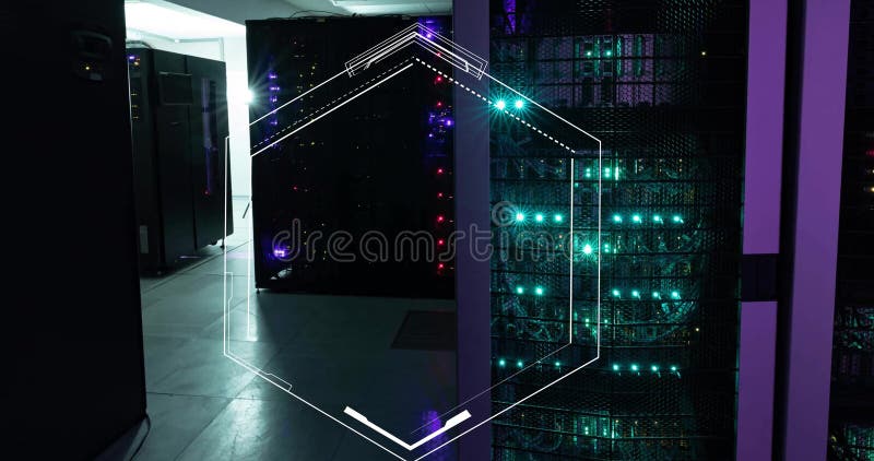Image of Hexagonal Scanner Frame Over Glowing Computer Servers in Server Room Stock Photo ...