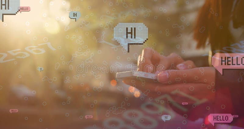 Image of Hi and Hello Texts on Speech Bubbles Over Mid Section of Woman Using Smartphone Stock ...