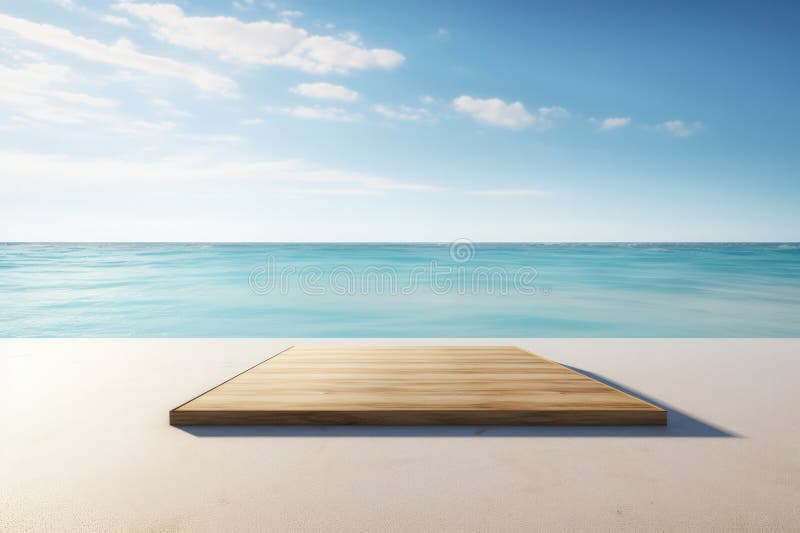 Empty Wooden Platform on Serene Beach with Majestic Mountains and ...
