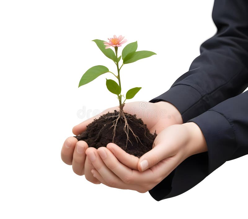 Hands Nurturing a Delicate Plant with a Pink Flower. Rich Soil Cradles ...