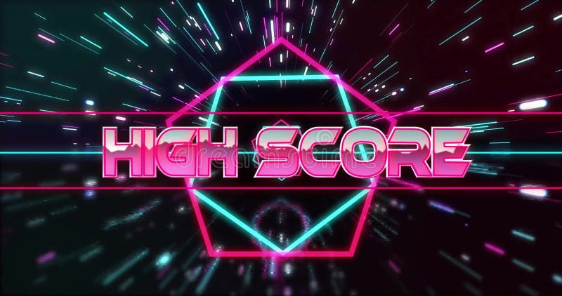 Image of High Score Text in Metallic Pink Over Neon Hexagons and Lights ...