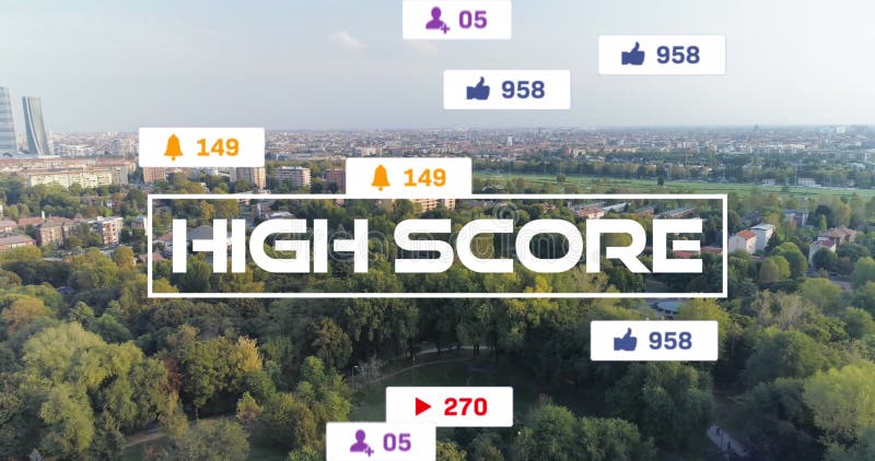 Image of High Score Text and Social Media Icons Over Cityscape Stock ...