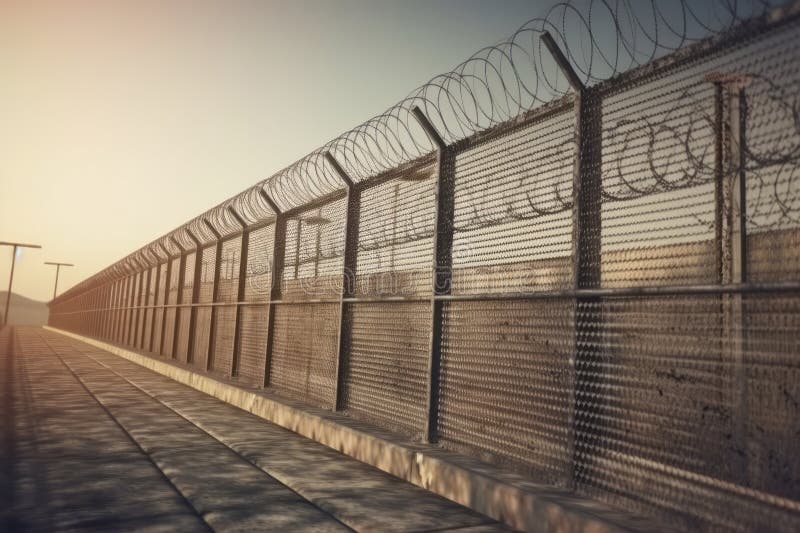 An Image of a High-security Prison Fence or Perimeter Wall, Symbolizing ...