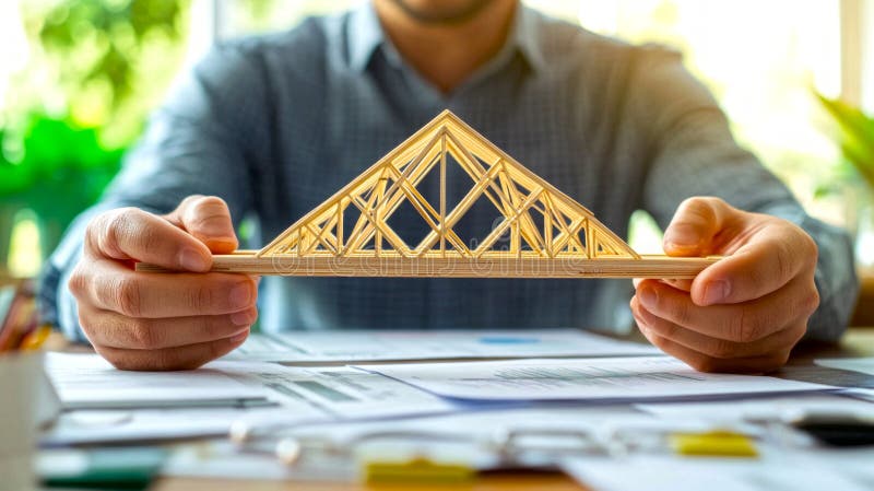 A Person Holds a Wooden Architectural Model Showcasing a Triangular ...