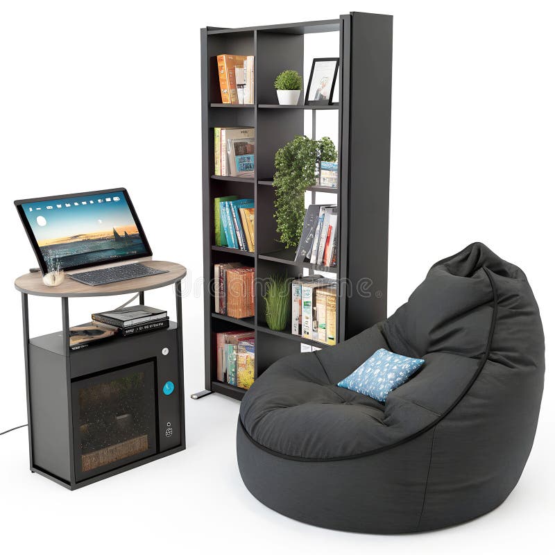 Modern Reading Space with Smart Desk, Black Bean Bag Chair, and ...