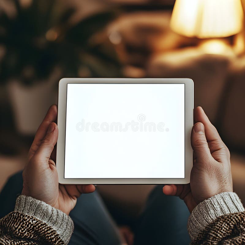 Image of Holding a Tablet with a White Screen in a Warm Room Atmosphere ...