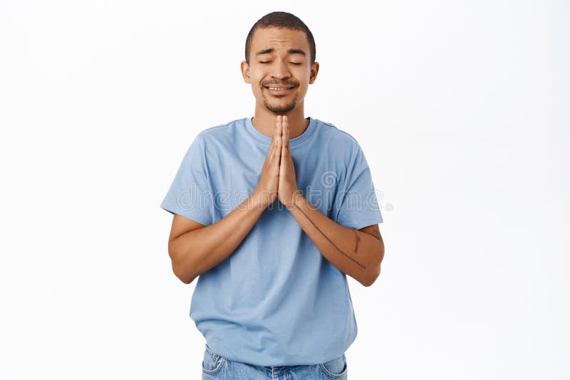Image of Hopeful Man Praying, Begging Please, Standing Over White ...