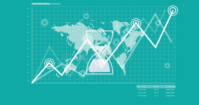 Image of Hourglass with Financial Data Processing and World Map on Blue ...