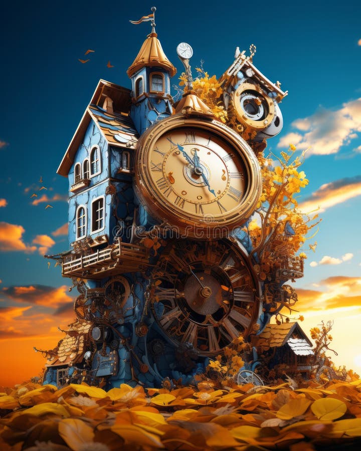 An Image of a House with a Clock on Top of it Stock Illustration ...