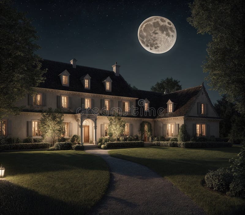 An Image of a House at Night with a Full Moon in the Sky. Stock Image ...