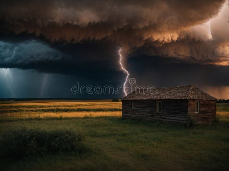 House in Field Under Storm Cloud. Generative AI. Stock Photo - Image of ...