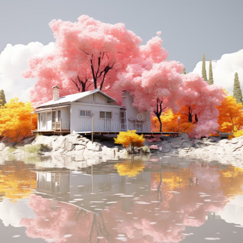 An Image of a House Surrounded by Trees and Water Stock Illustration ...