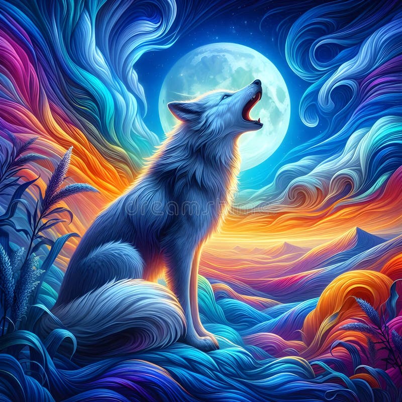 Image of Howling Wolf Over a Blue Corn Moon. Stock Illustration ...